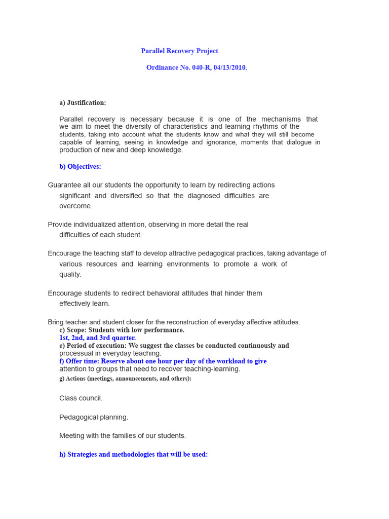 Parallel Recovery Project For Elementary School 1 | PDF | Learning ...