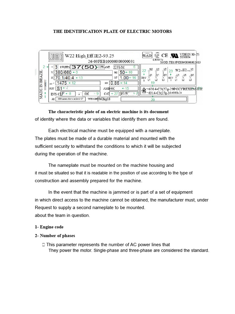 Electric Motor Identification Plate Guide | PDF | Engines | Electric Motor