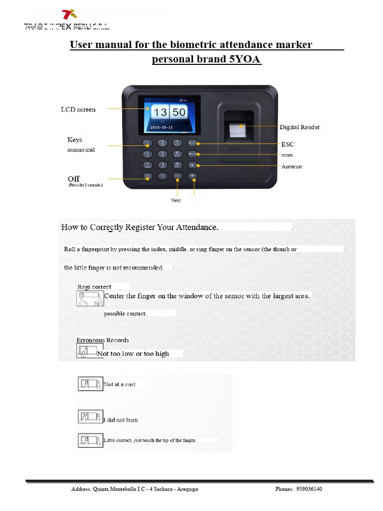 User Manual For The 5YOA Brand Biometric Staff Attendance Marker. | PDF ...