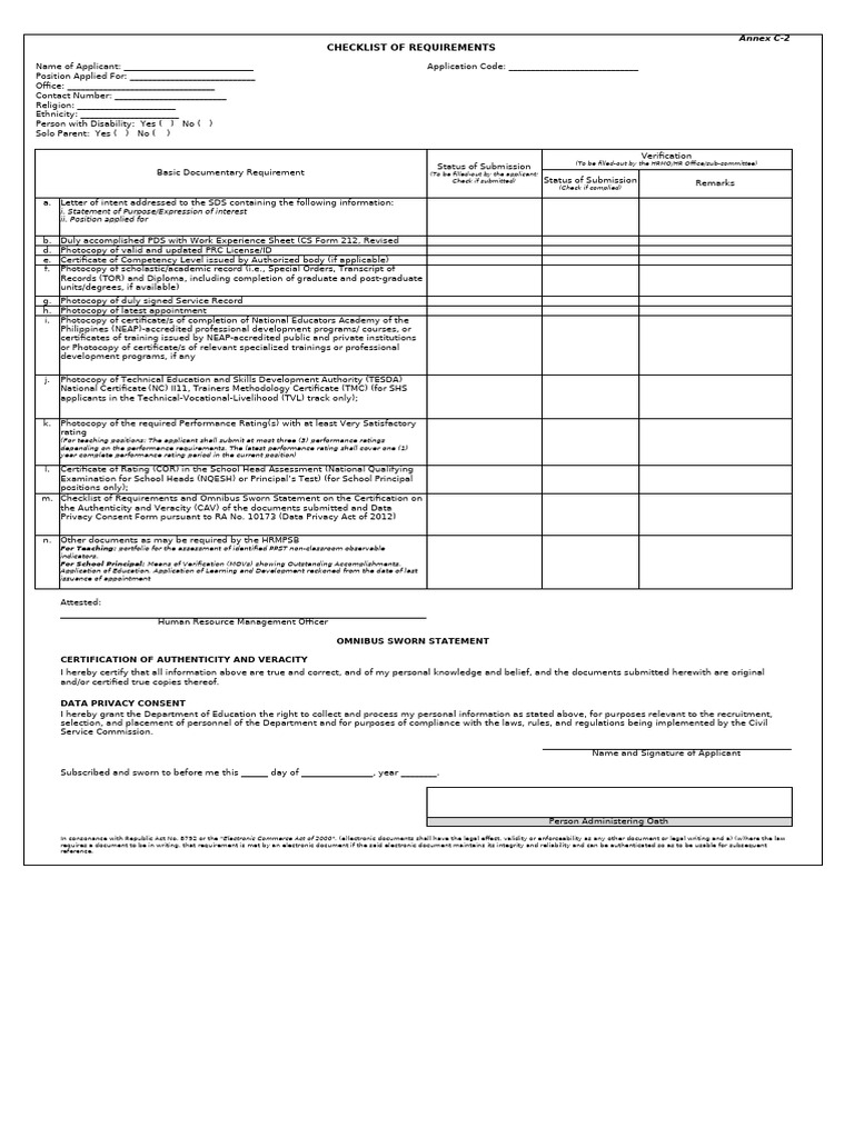 Annex C-2 - Checklist of Requirements and Omnibus Sworn Statement | PDF ...