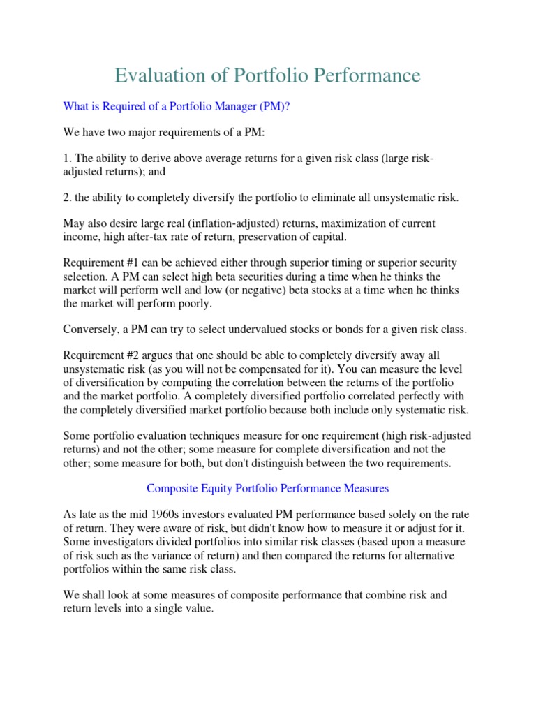 Portfolio Performance Evaluation Techniques | PDF | Sharpe Ratio | Beta ...