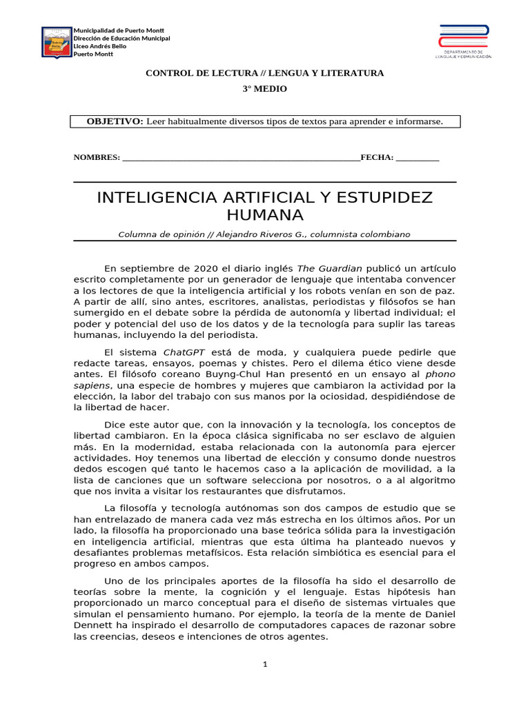 Lectura y Control - Inteligencia Artificial y Estupidez Humana | PDF ...