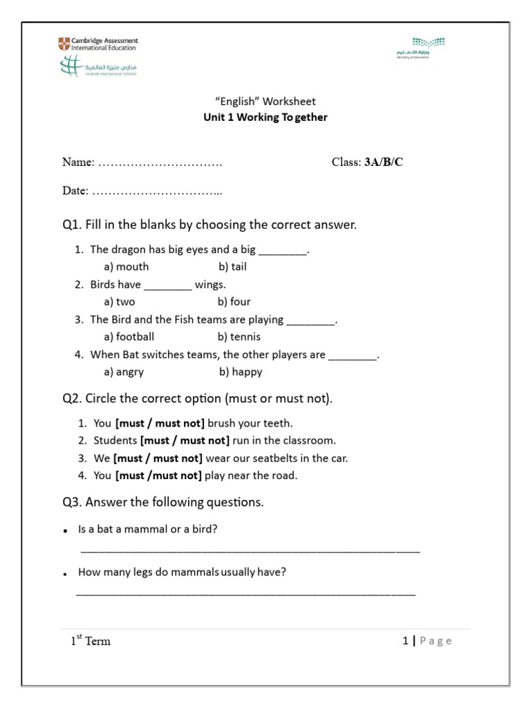 Q1. Fill in The Blanks by Choosing The Correct Answer.: Unit 1 Working To Gether | PDF