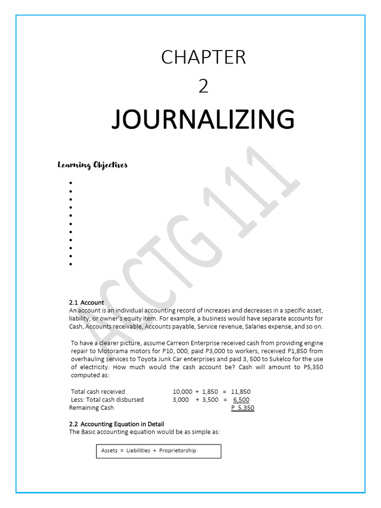 Acctg 111 Chapter 2 Journalizing 1 | PDF | Debits And Credits | Expense