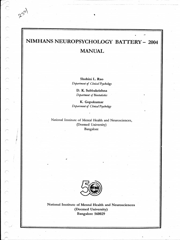 Nimhans Neuropsycological Battery Manual | PDF