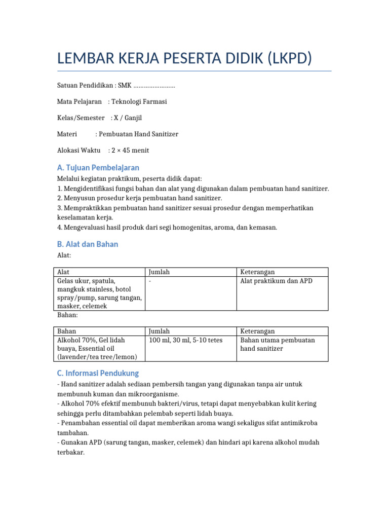 LKPD Pembuatan Handsanitizer Teknologi Farmasi | PDF