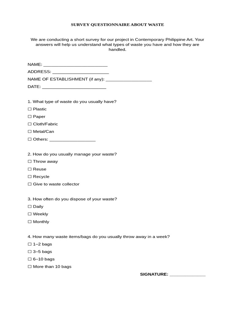 Survey Questionnaire About Waste | PDF