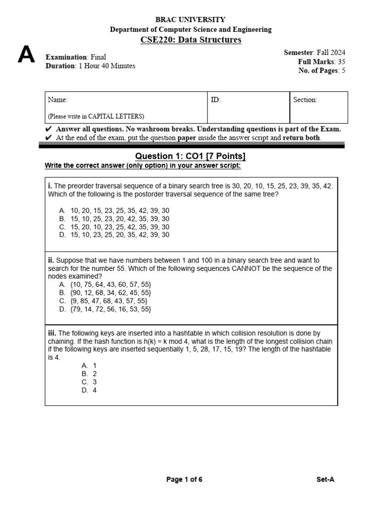 CSE220 Final Fall-24 Set-A | PDF | Software Engineering | Computer Programming