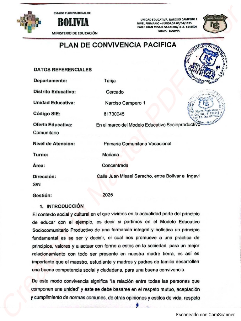 Plan de Convivencia Pacífica y Armónica 2025 NC1 | PDF