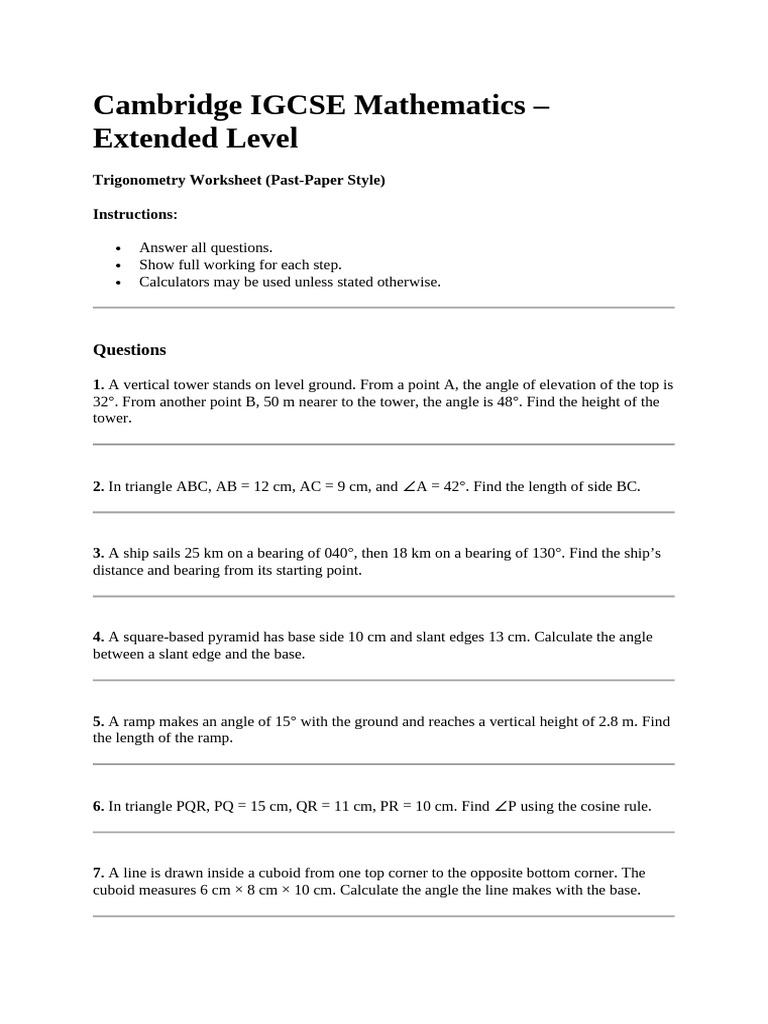 IGCSE Trigonometry Worksheet | PDF | Trigonometry | Angle