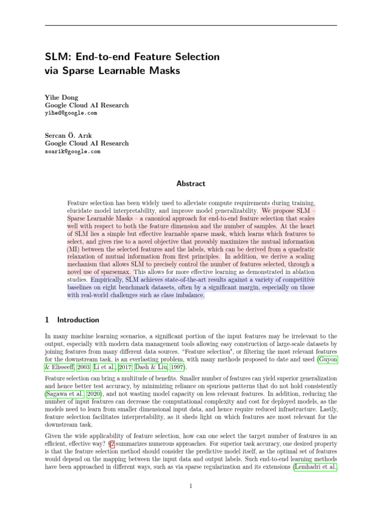 SLM_ End-To-End Feature Selection via Sparse Learnable Masks | PDF ...