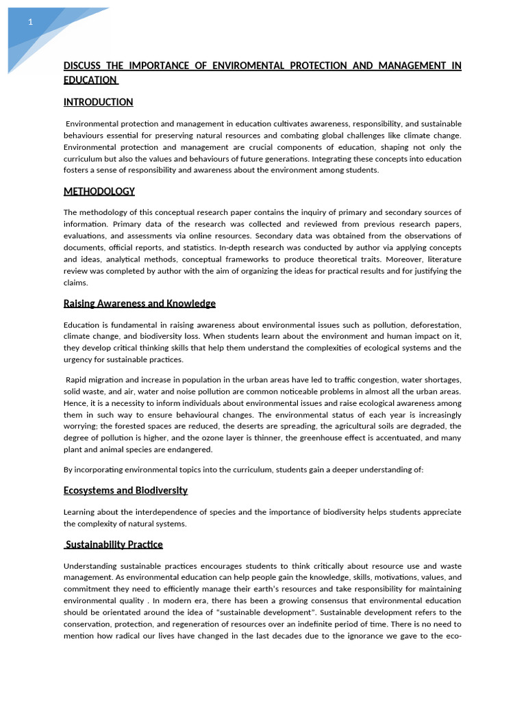 Discuss The Importance of Enviromental Protection and Management in ...