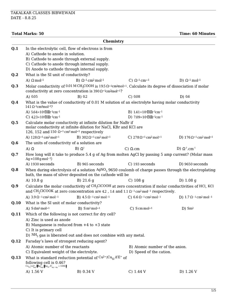 Chemistry Exam Questions for Takalkar Classes | PDF | Redox ...
