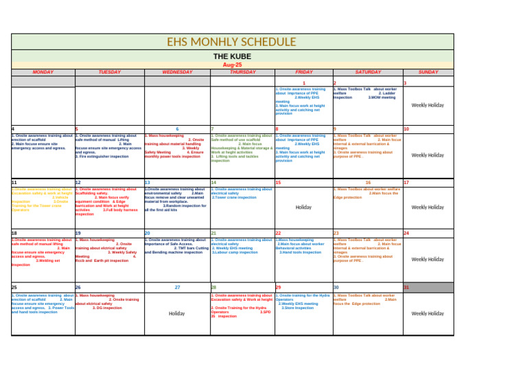 Weekly EHS Training and Schedule | PDF | Occupational Safety And Health ...