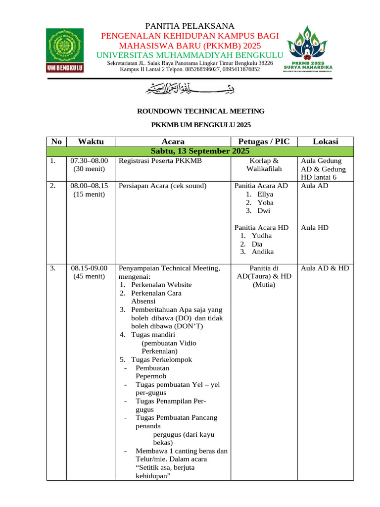 Rundown PKKMB 2025 UMB Bengkulu | PDF