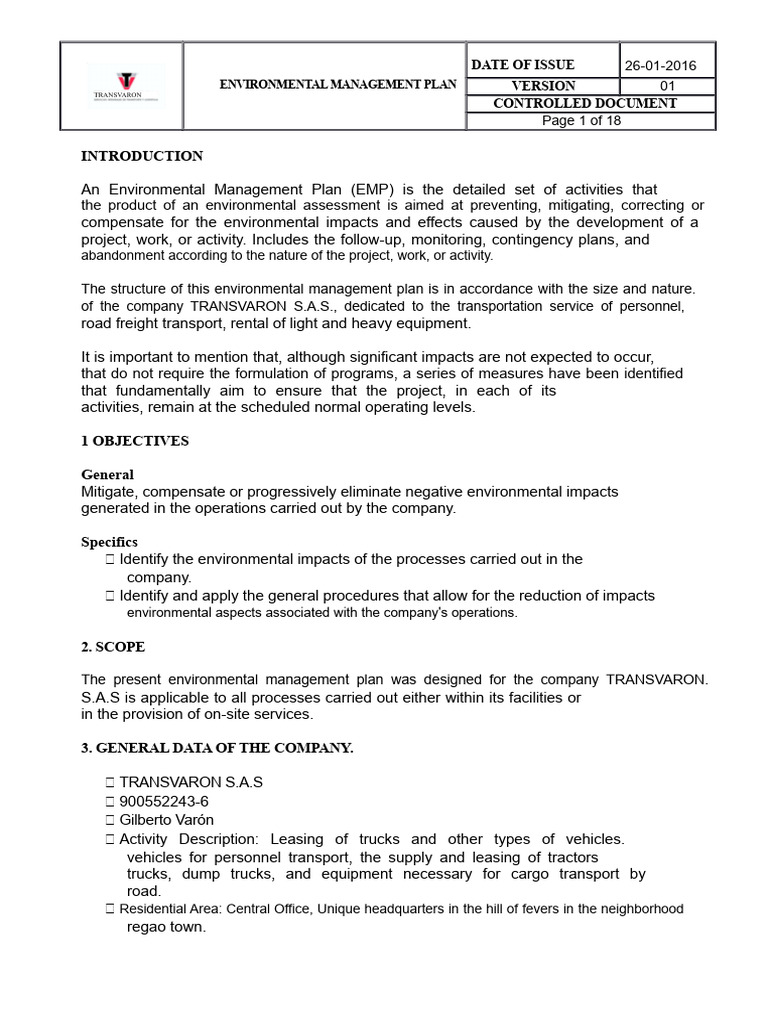 Environmental Management Plan for TRANSVARON | PDF | Waste | Dangerous ...