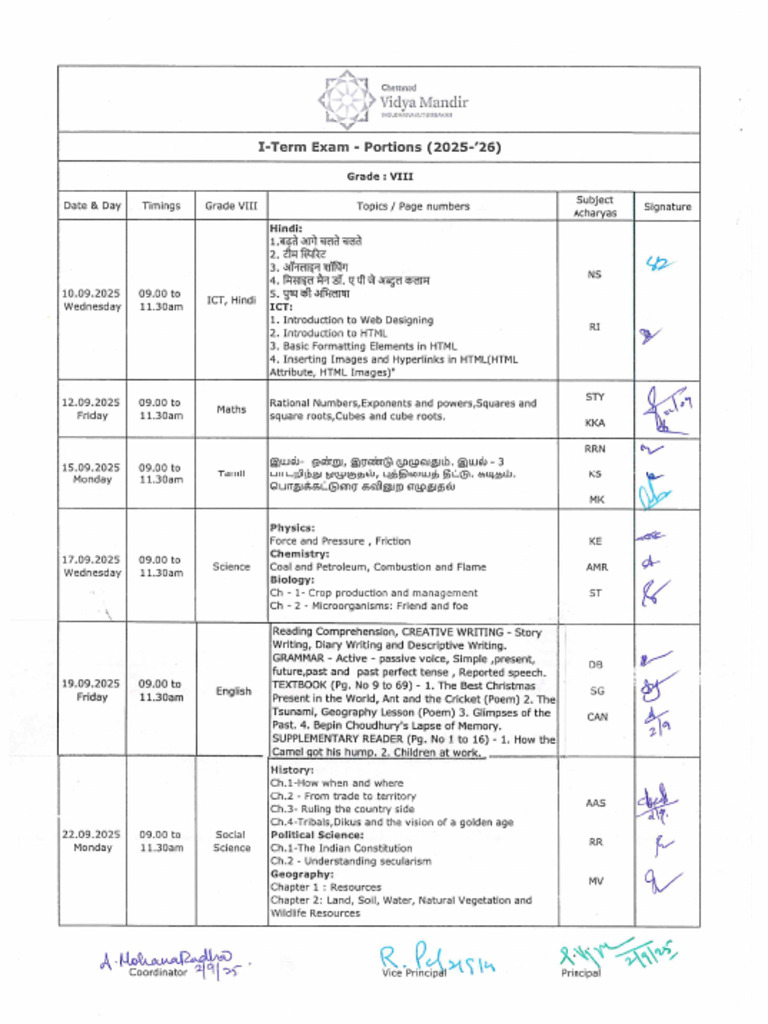 I-Term Exam - Time Table & Portions Grade 8 (25-26) | PDF
