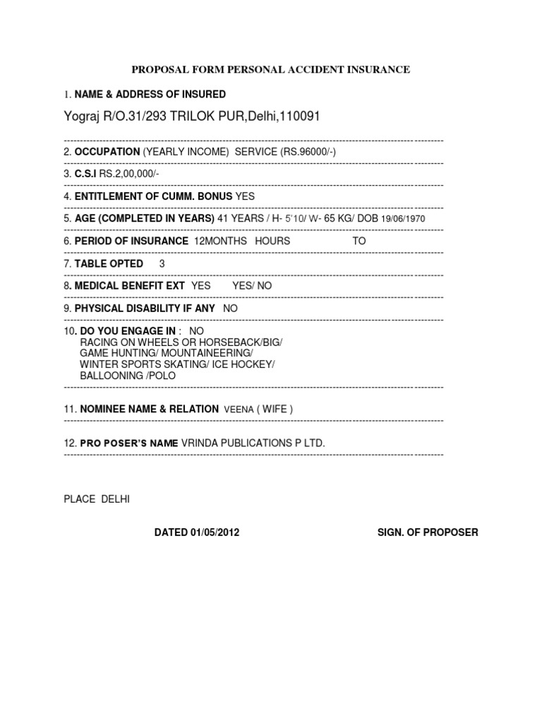 Proposal Form Personal Accident Insurance | PDF