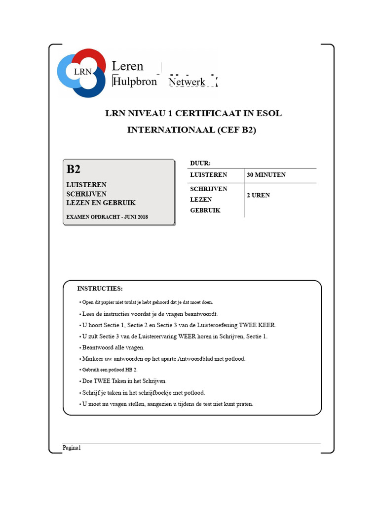 Open LRN Juni 2018 Niveau B2 Proefexamen 2 | PDF