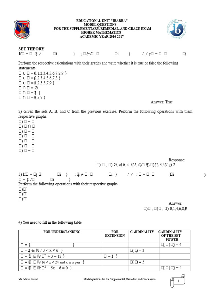 Bank of Advanced Mathematics Questions For The Supplemental-Remedial ...