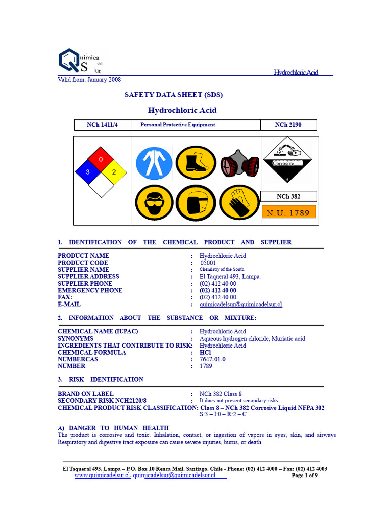 HCL Safety Data Sheet (Complete) | PDF | Hydrochloric Acid | Fires