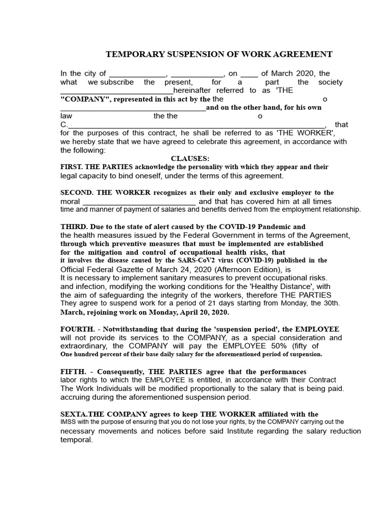 COVID-19 Temporary Work Suspension Agreement | PDF | Employment | Salary