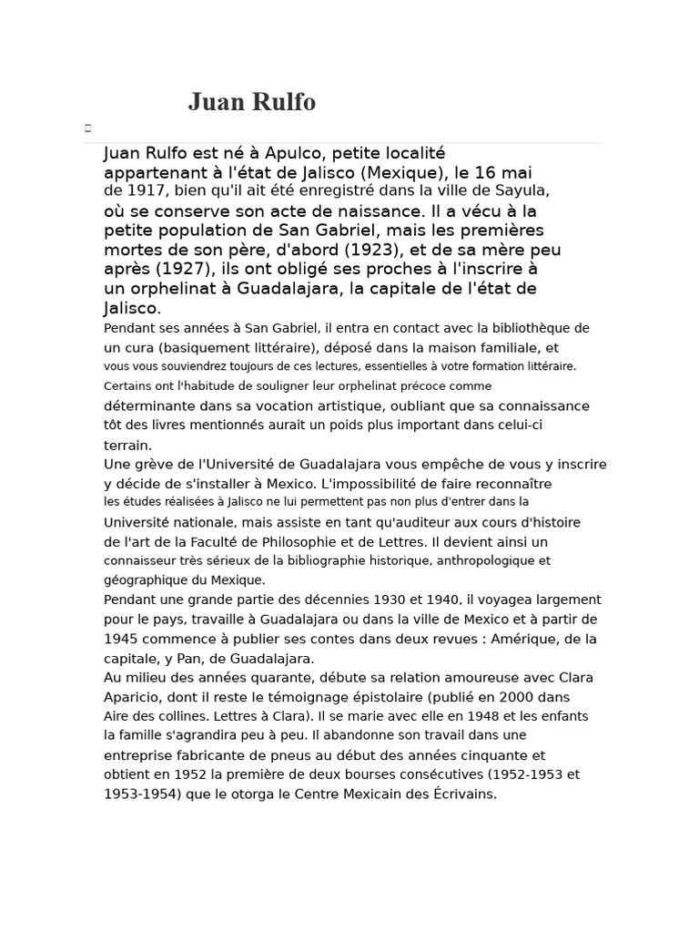 Biographie de Juan Rulfo, écrivain mexicain | PDF | Mexique