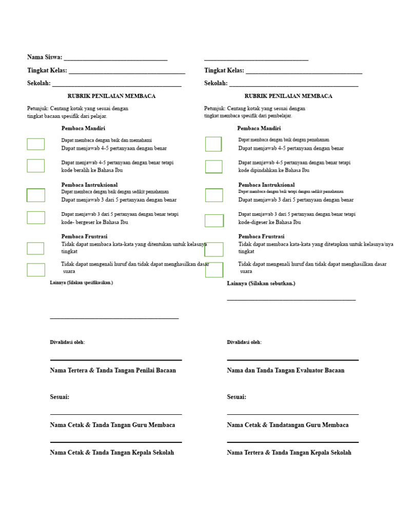 Rubrik Penilaian Membaca Form-1 | PDF