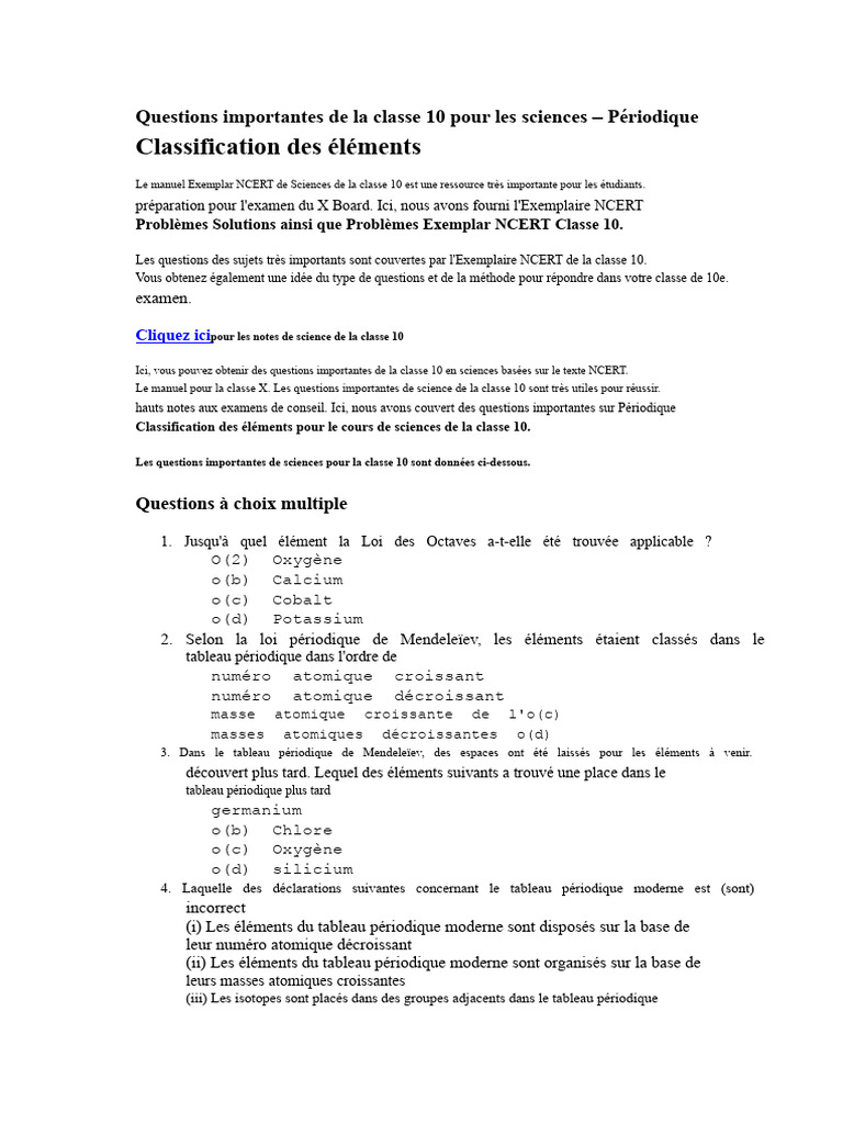Questions Importantes de Science Pour La Classe 10 | PDF | Tableau ...