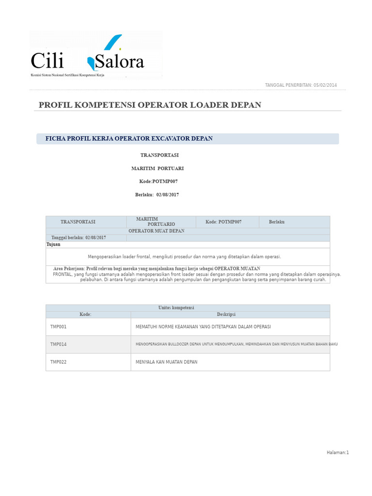 Profil Kompetensi Operator Loader Frontal | PDF