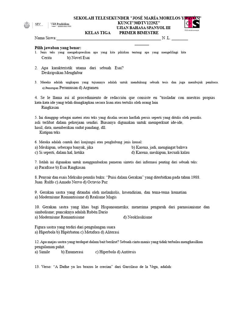 Ujian Bahasa Spanyol Kelas Tiga | PDF