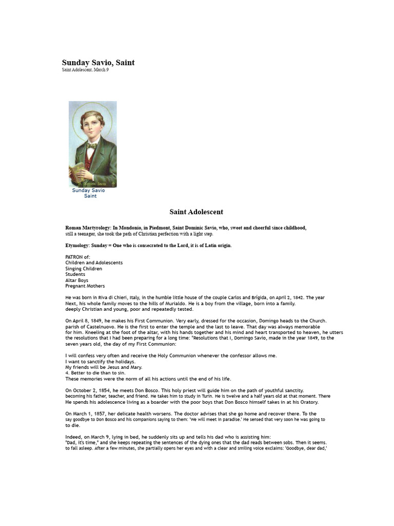 Biography of Domingo Savio | PDF | Mary, Mother Of Jesus