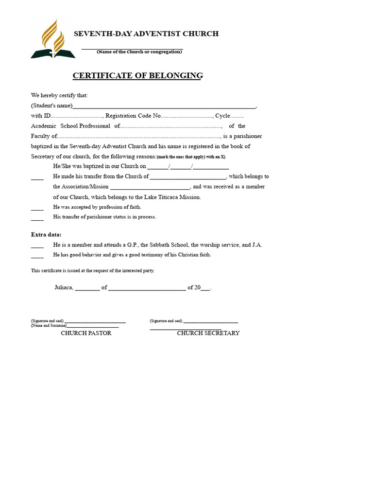 Certificate of Belonging - SDA Church | PDF