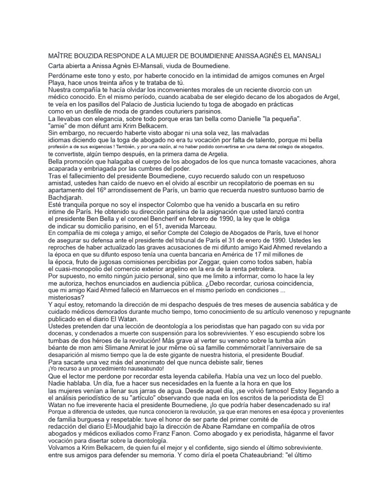 Maestro Bouzida responde a la mujer de Boumdienne Anissa Agnès El Mansali | PDF