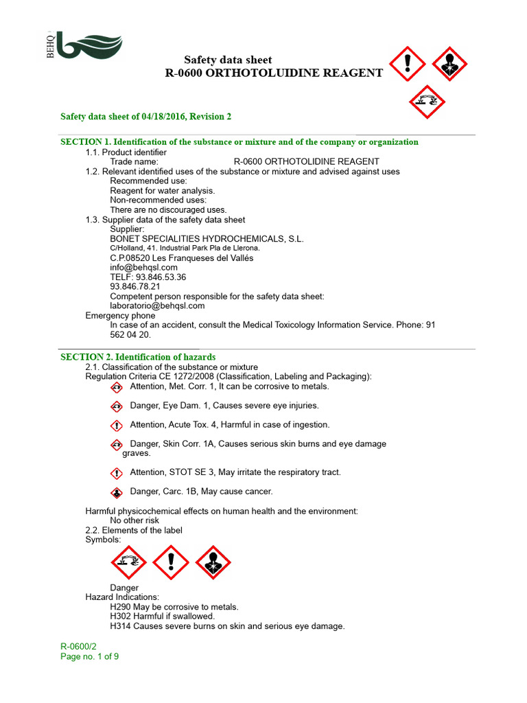 safety data sheet r-0600 ortho reagent (2) | PDF | Personal Protective ...
