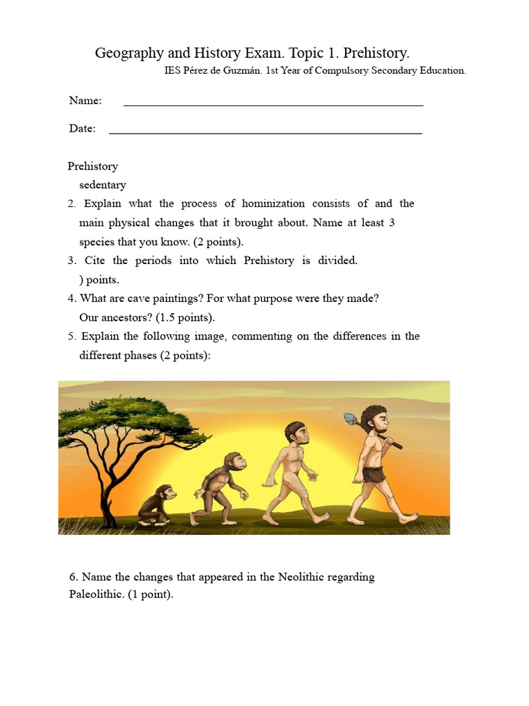 Geography and History Exam. Topic 1. Prehistory | PDF