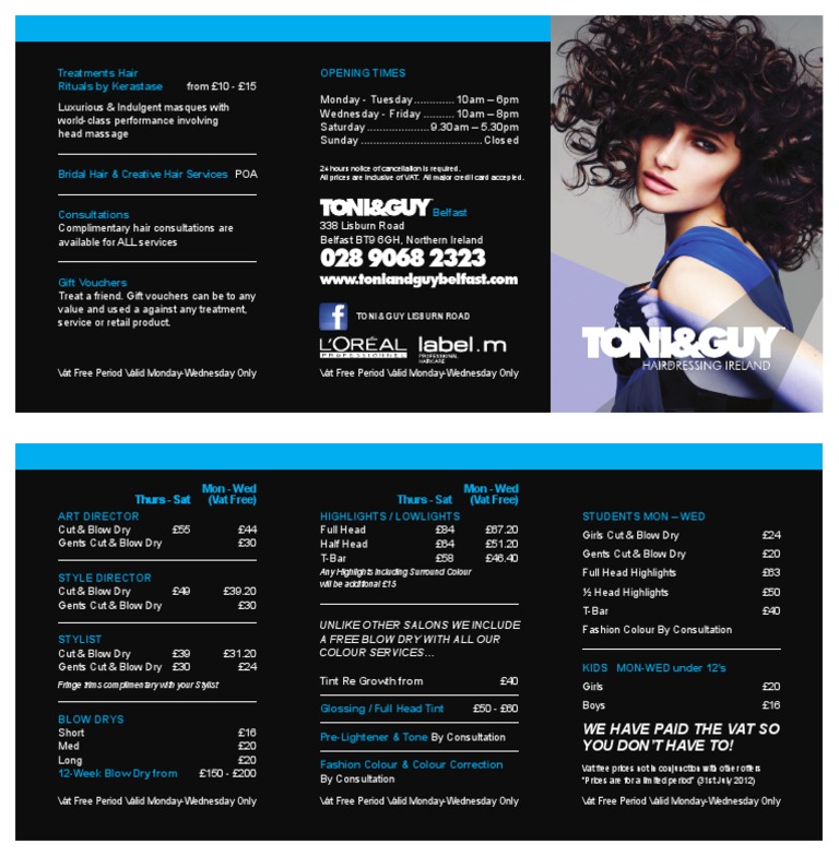 Toni & Guy Price List Overview | PDF | Cooking, Food & Wine | Home & Garden
