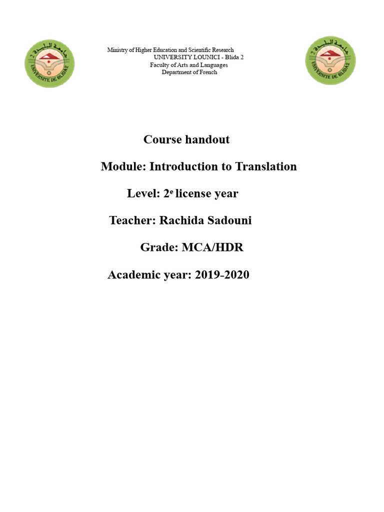 Introduction to Translation Course Guide | PDF | Translations | Idiom