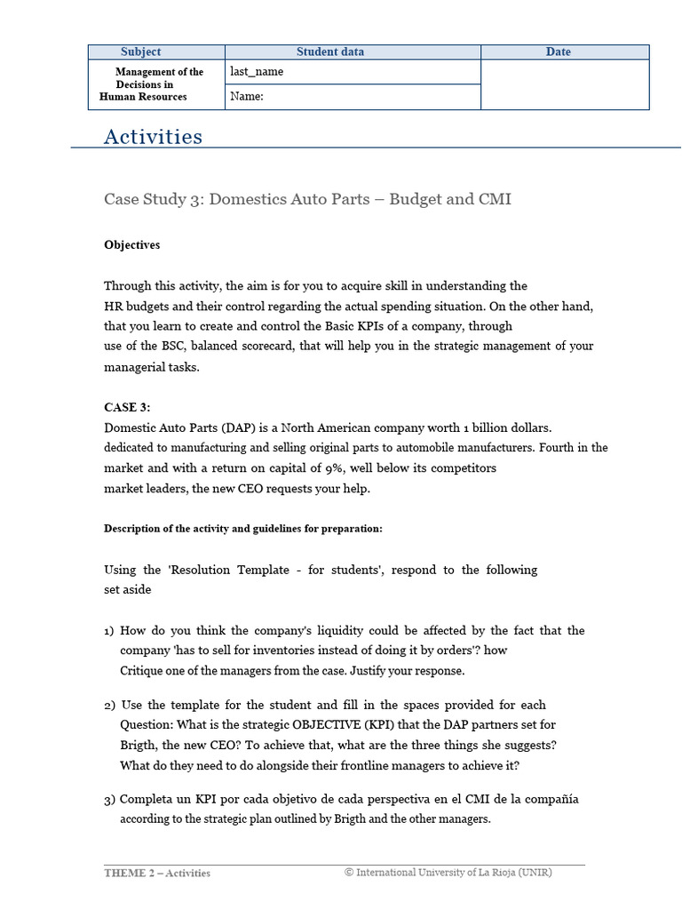 Case 3 - Auto Parts - Budget and Cmi | PDF | Performance Indicator ...