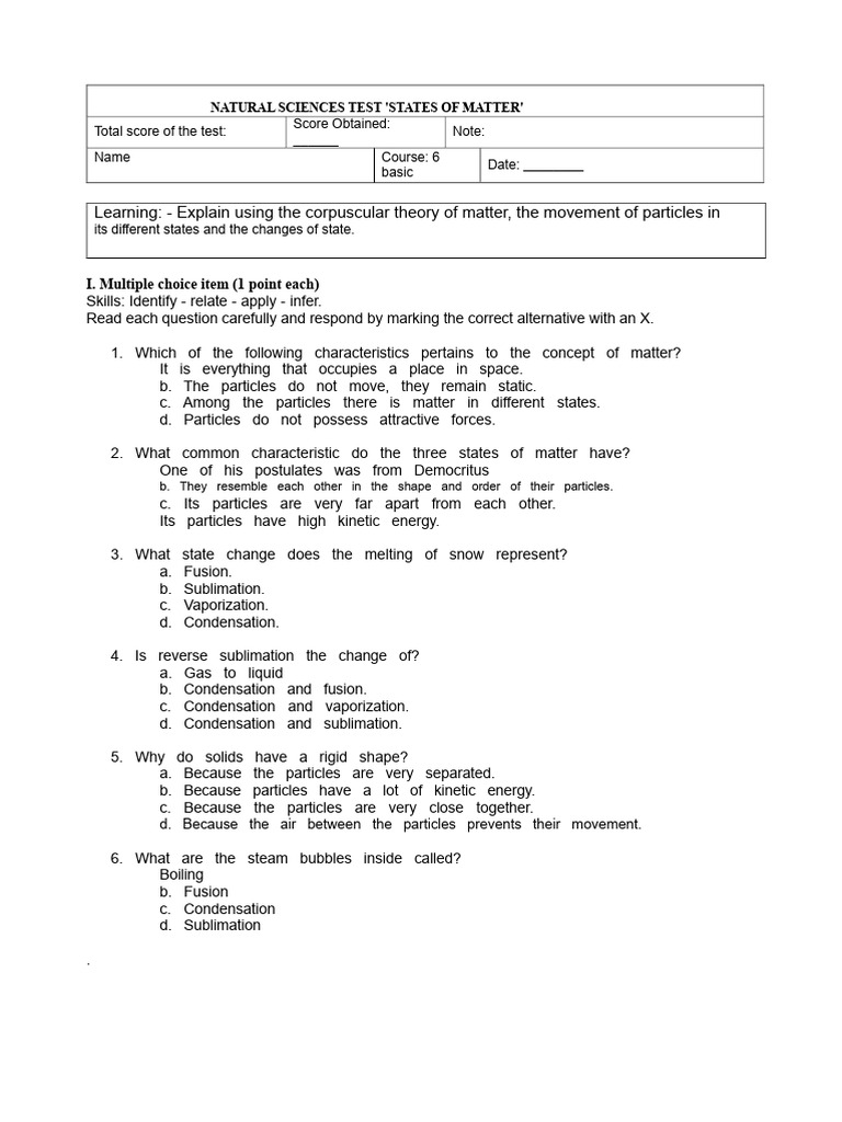 States of Matter Test for 6th Grade | PDF | Matter | Water