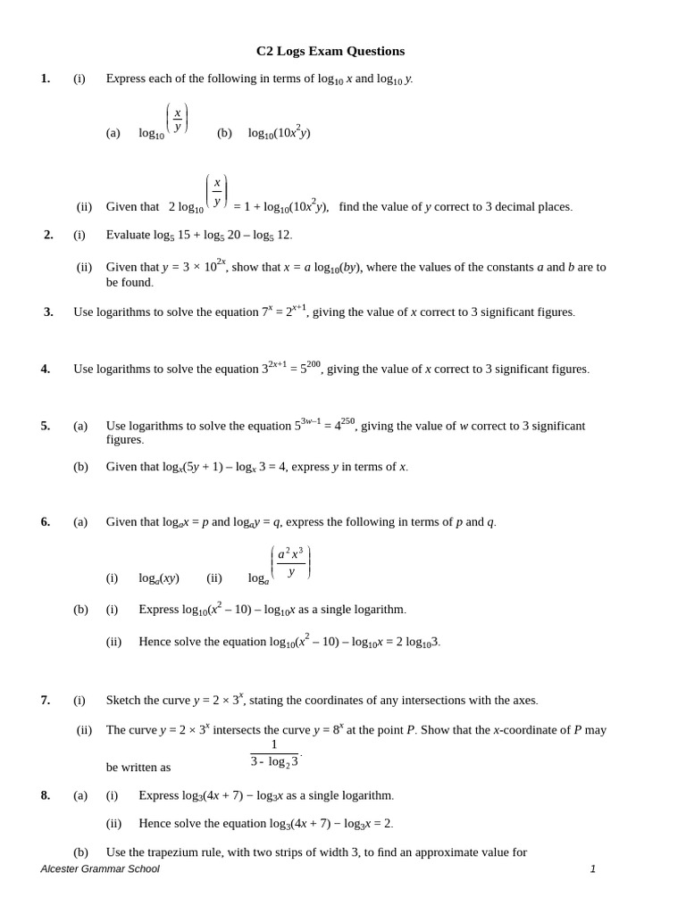 Logs Exam Questions | PDF | Mathematics | Arithmetic