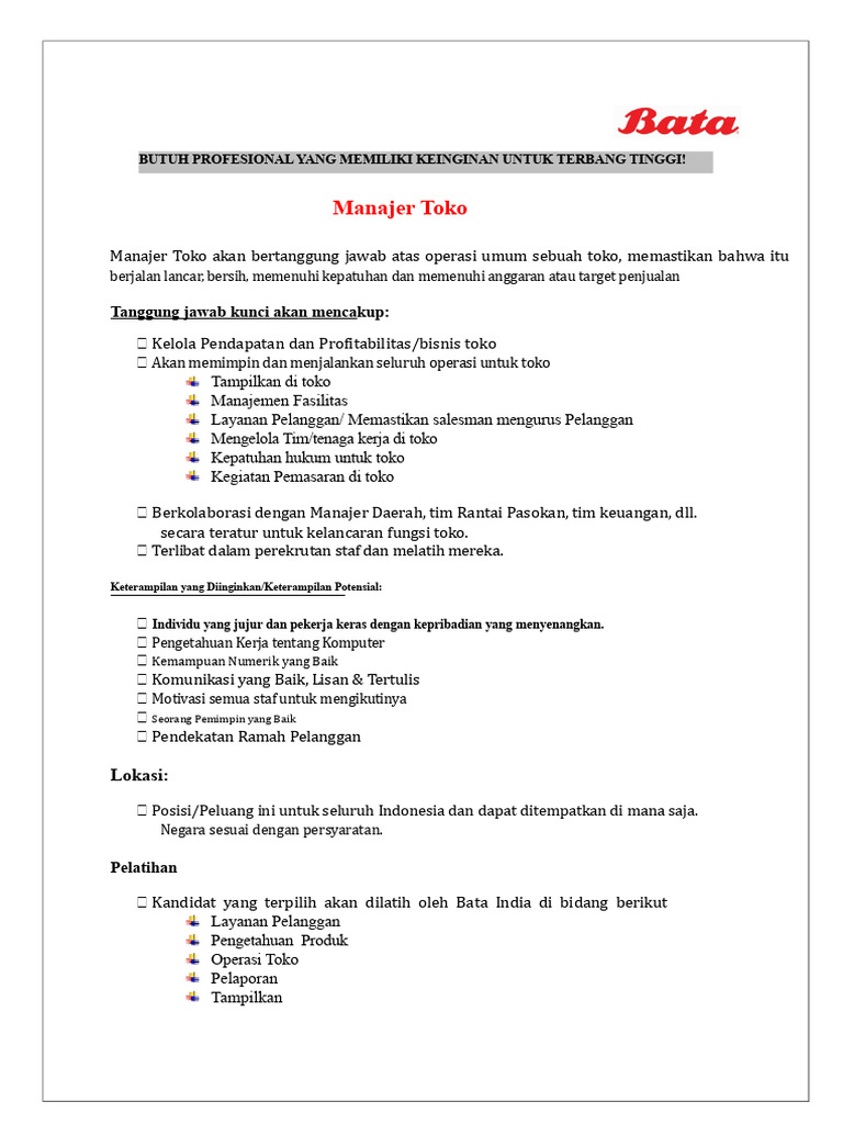Deskripsi Pekerjaan Manajer Toko Bata 2019 | PDF