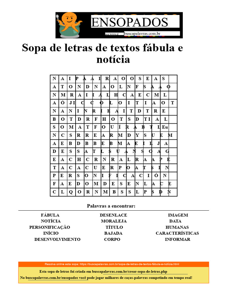 Sopa de Letras: Fábula e Notícia | PDF