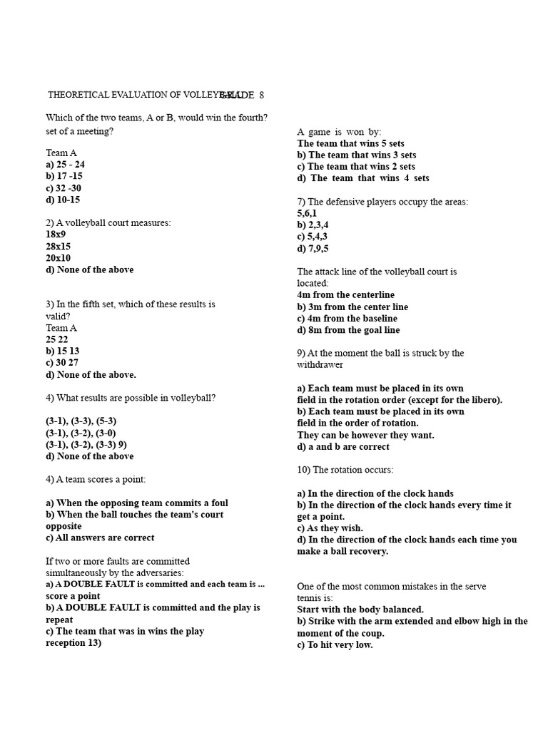 THEORETICAL EVALUATION VOLLEYBALL GRADE 8. | PDF | Volleyball | Team Sports