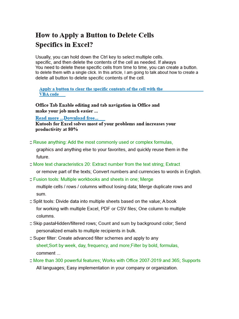 How to Apply a Button to Delete Specific Cells in Excel | PDF ...