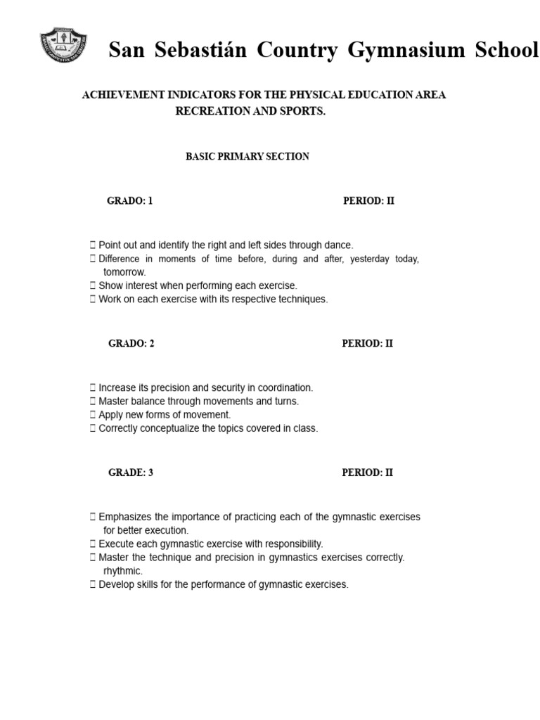Achievement Indicators For The Area of Physical Education, Recreation ...