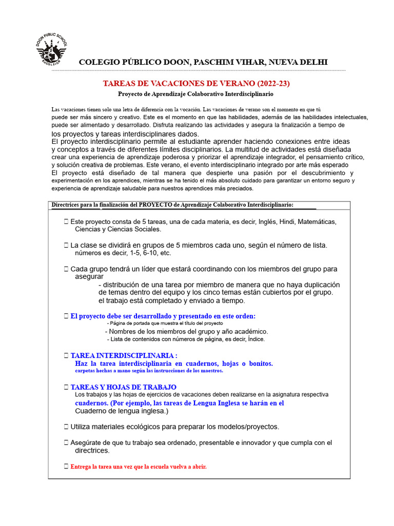 Tareas de Verano 2022-23: Proyecto Interdisciplinario | PDF | Aprendizaje