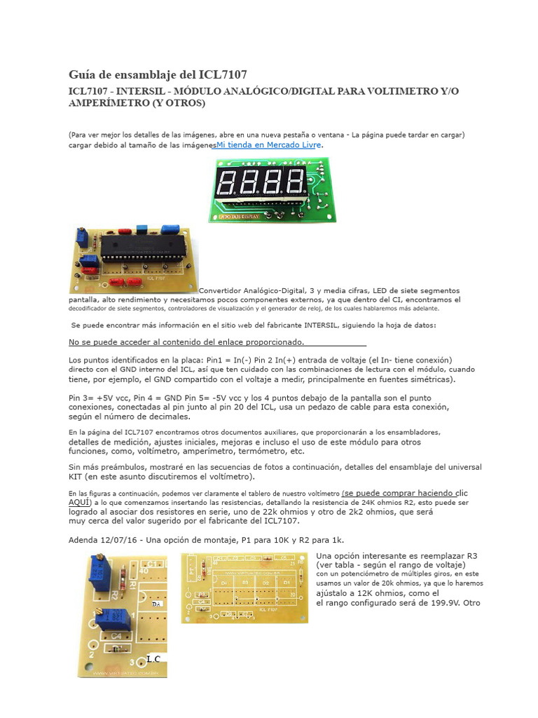 Guía de ensamblaje ICL7107 | PDF | Resistor | Fuente de alimentación