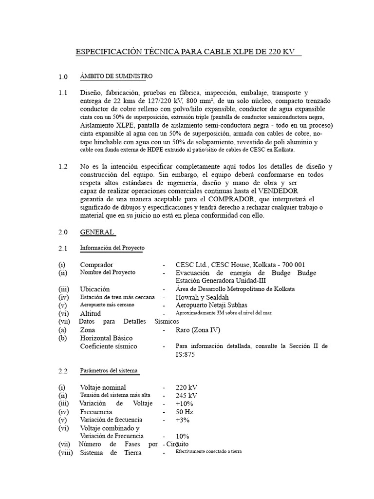 Especificación Técnica Cable XLPE 220 kV | PDF | Aislador (Electricidad ...
