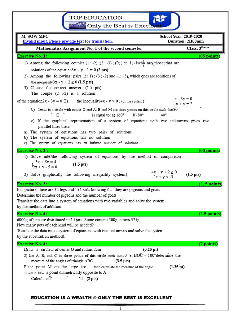 Mathematics Assignment N°1 of The 2ND Semester 3RD Year 2019-2020 ...